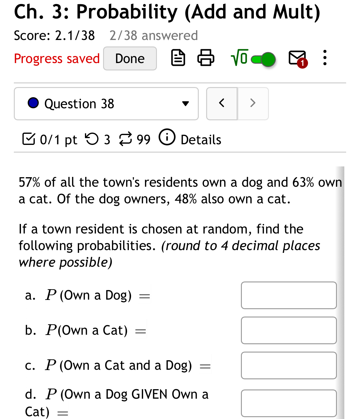 Solved Ch. 3: Probability (Add and Mult)Score: 2.1/38 2/38 | Chegg.com