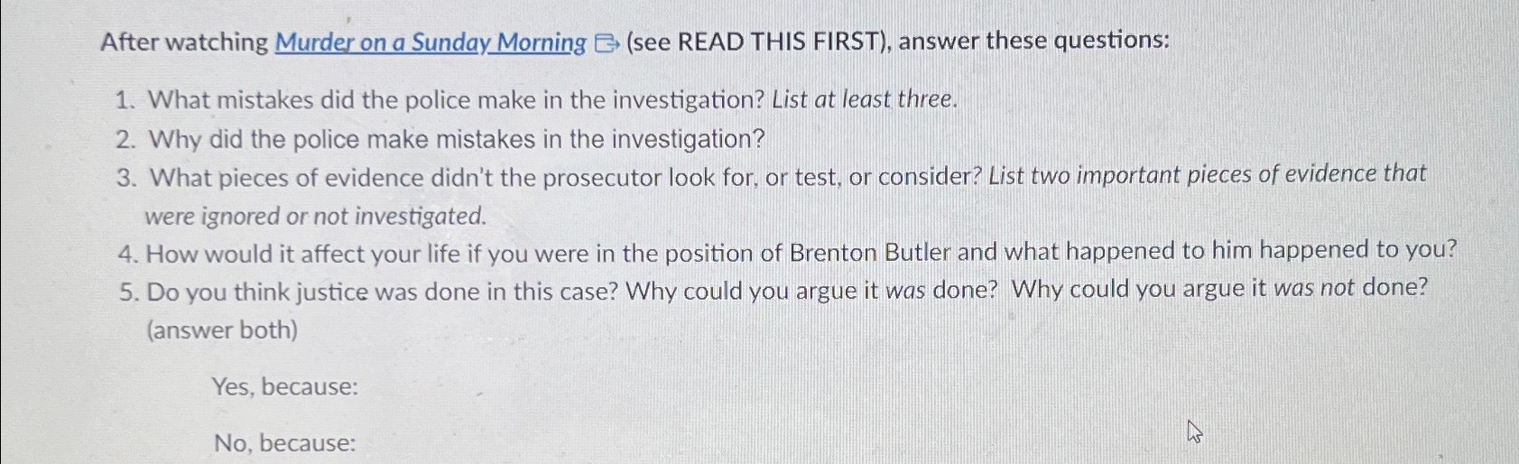 Solved After watching Murder on a Sunday Morning (see READ | Chegg.com