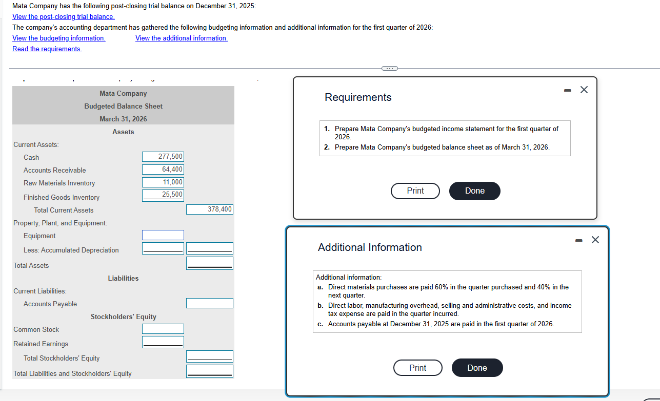 Solved Mata Company has the following post-closing trial | Chegg.com
