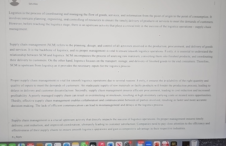 Solved 5aturdayLogistics is the process of coordinating and | Chegg.com