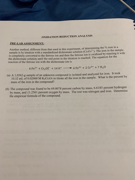 Solved OXIDATION REDUCTION ANALYSIS PRE-LAB ASSIGNMENT: | Chegg.com