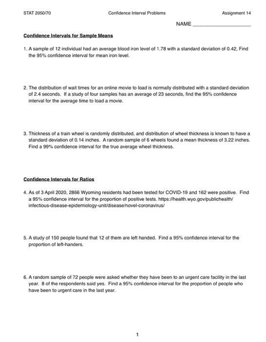 Solved STAT 2050/70 Confidence Interval Problems Assignment | Chegg.com