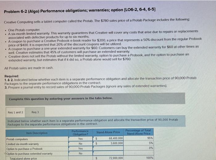 Solved Problem 6-2 (Algo) Performance obligations; | Chegg.com