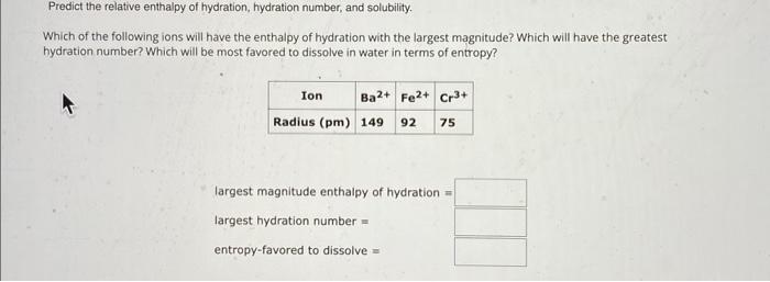 Solved Predict the relative enthalpy of hydration, hydration | Chegg.com