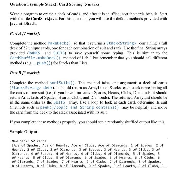 Solved Question 1 (Simple Stack): Card Sorting [5 marks] | Chegg.com