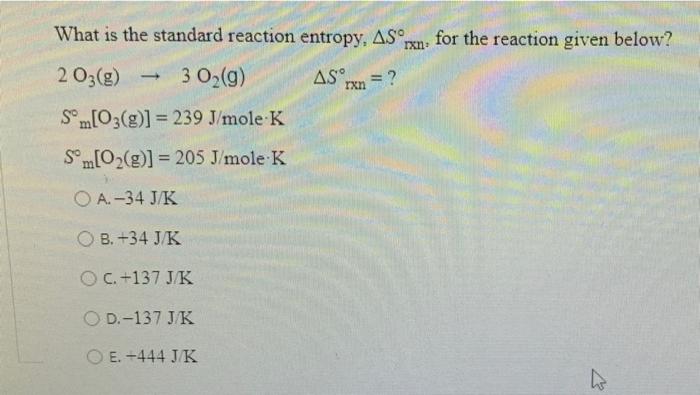 Solved What is the standard reaction entropy, AS for the | Chegg.com