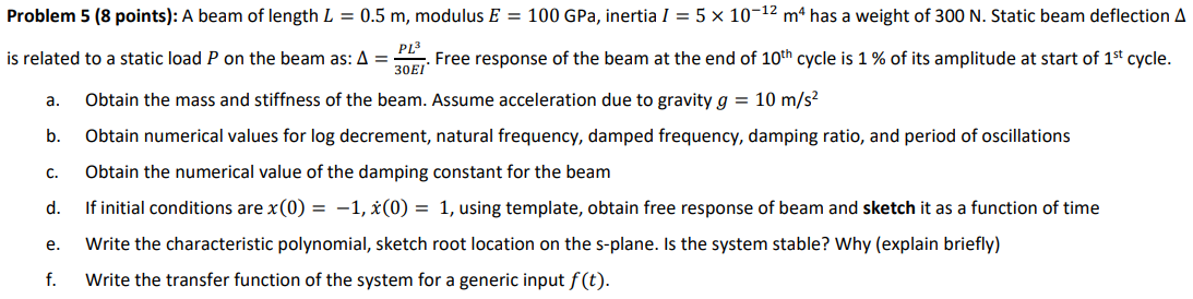 Solved Problem 5 ( 8 ﻿points): A beam of length L=0.5m, | Chegg.com