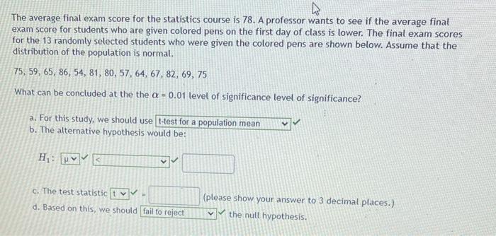 Solved average final exam score for the statistics course is | Chegg.com
