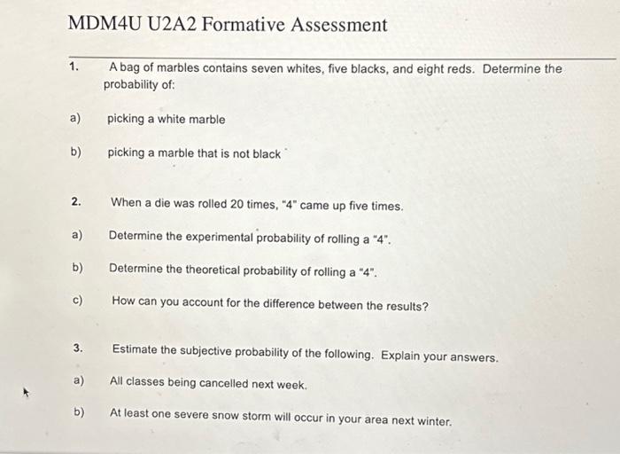 Solved MDM4U U2A2 Formative Assessment 1. a) b) 2. a) b) c) | Chegg.com