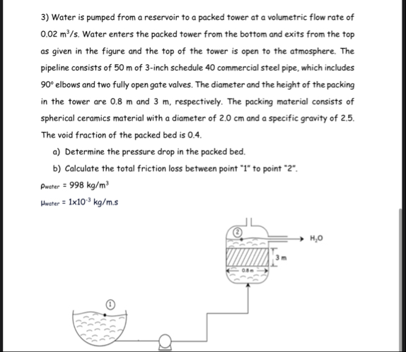 [Solved]: Water is pumped from a reservoir to a packed tower