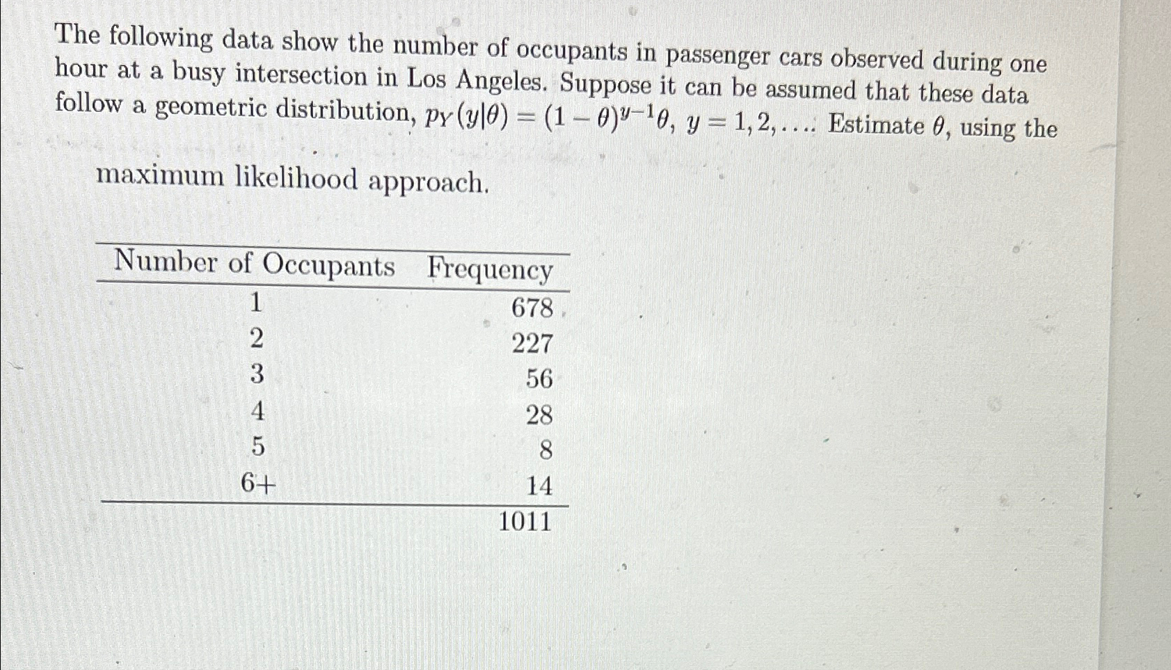 Solved The following data show the number of occupants in | Chegg.com