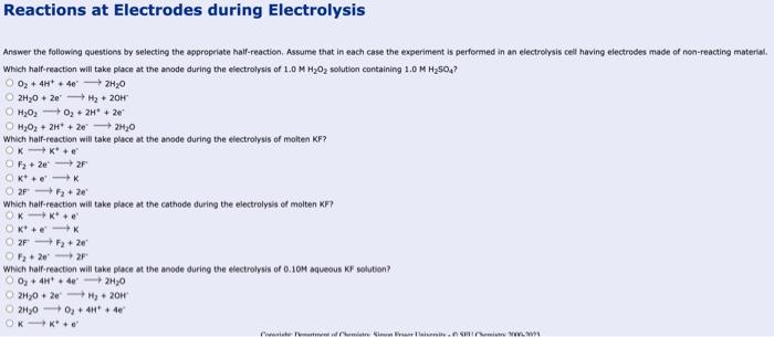 Solved Reactions at Electrodes during Electrolysis Which | Chegg.com