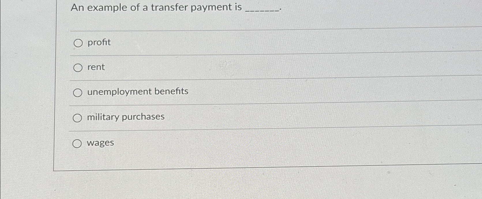 Solved An example of a transfer payment | Chegg.com