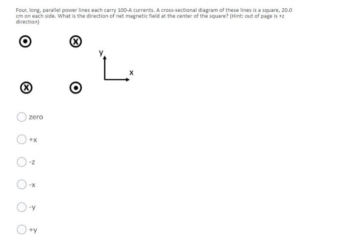 Solved Four, long, parallel power lines each carry 100-A | Chegg.com