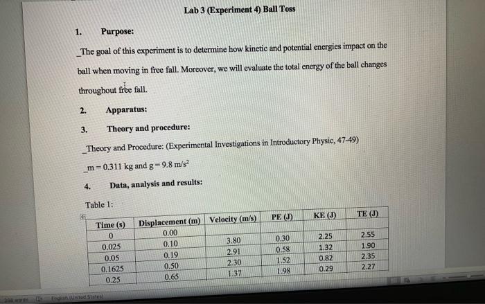 Solved Lab 3 (Experiment 4) Ball Toss 1. Purpose: The goal | Chegg.com
