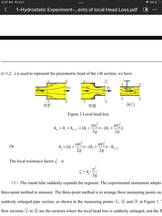 Solved R CEI Local head loss experiment See the following | Chegg.com