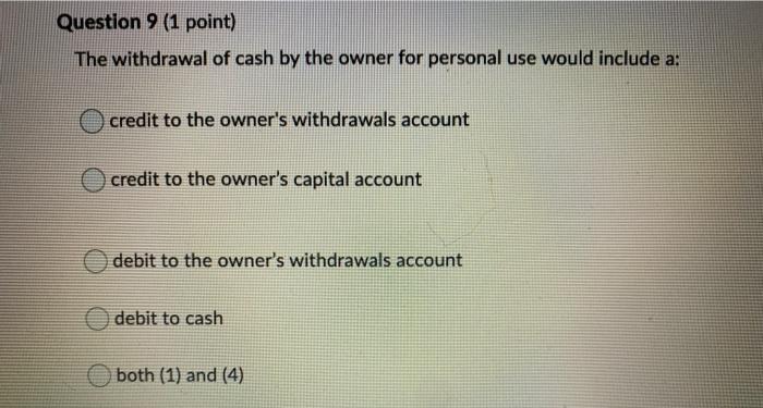 Solved Question 9 (1 point) The withdrawal of cash by the | Chegg.com