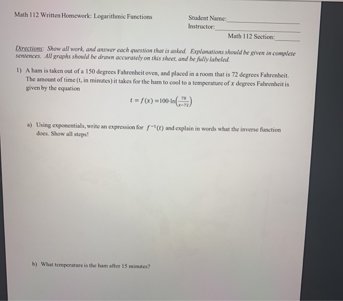 Solved Math 112 Written Homework: Logarithmic Functions | Chegg.com