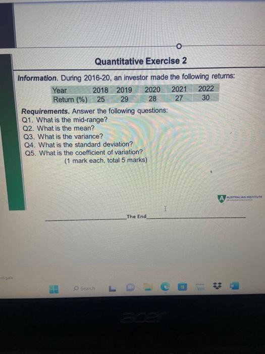 Solved Quantitative Exercise 2 Information. During 2016-20, | Chegg.com