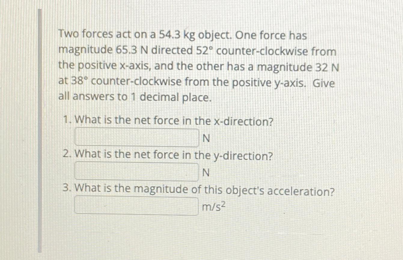 Solved Two Forces Act On A 54 3kg ﻿object One Force Has