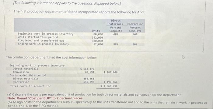 Solved (a) Calculate the costs per equivalent unit of | Chegg.com