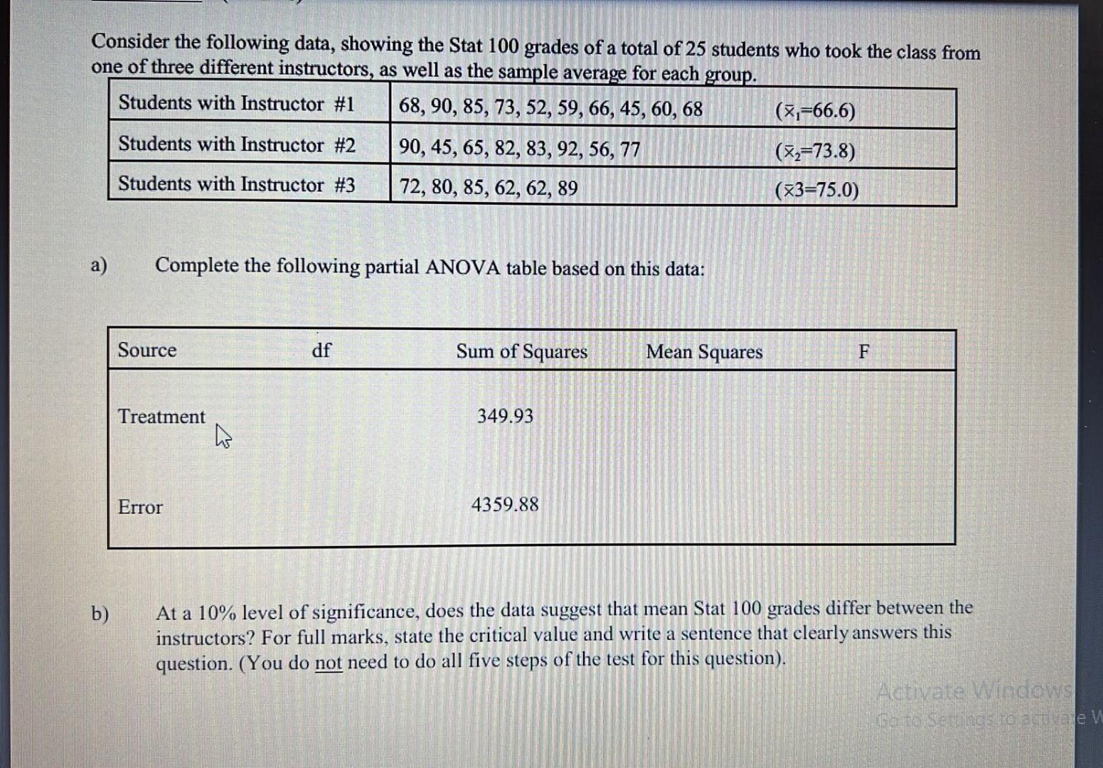 Solved Consider the following data, showing the Stat 100 | Chegg.com
