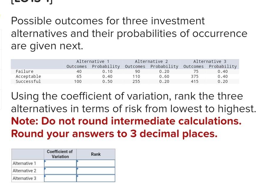 Solved Possible outcomes for three investment alternatives | Chegg.com