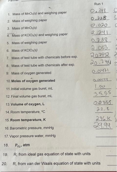 1. Mass of MnO2( s) and weighing paper 2. Mass of | Chegg.com