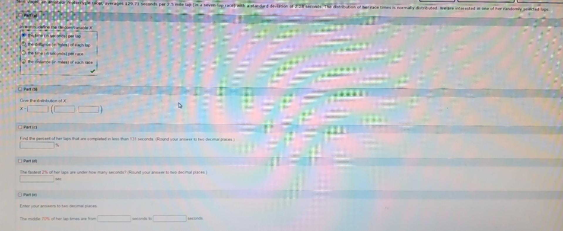 Solved Find the percent of her laps that are completed in | Chegg.com