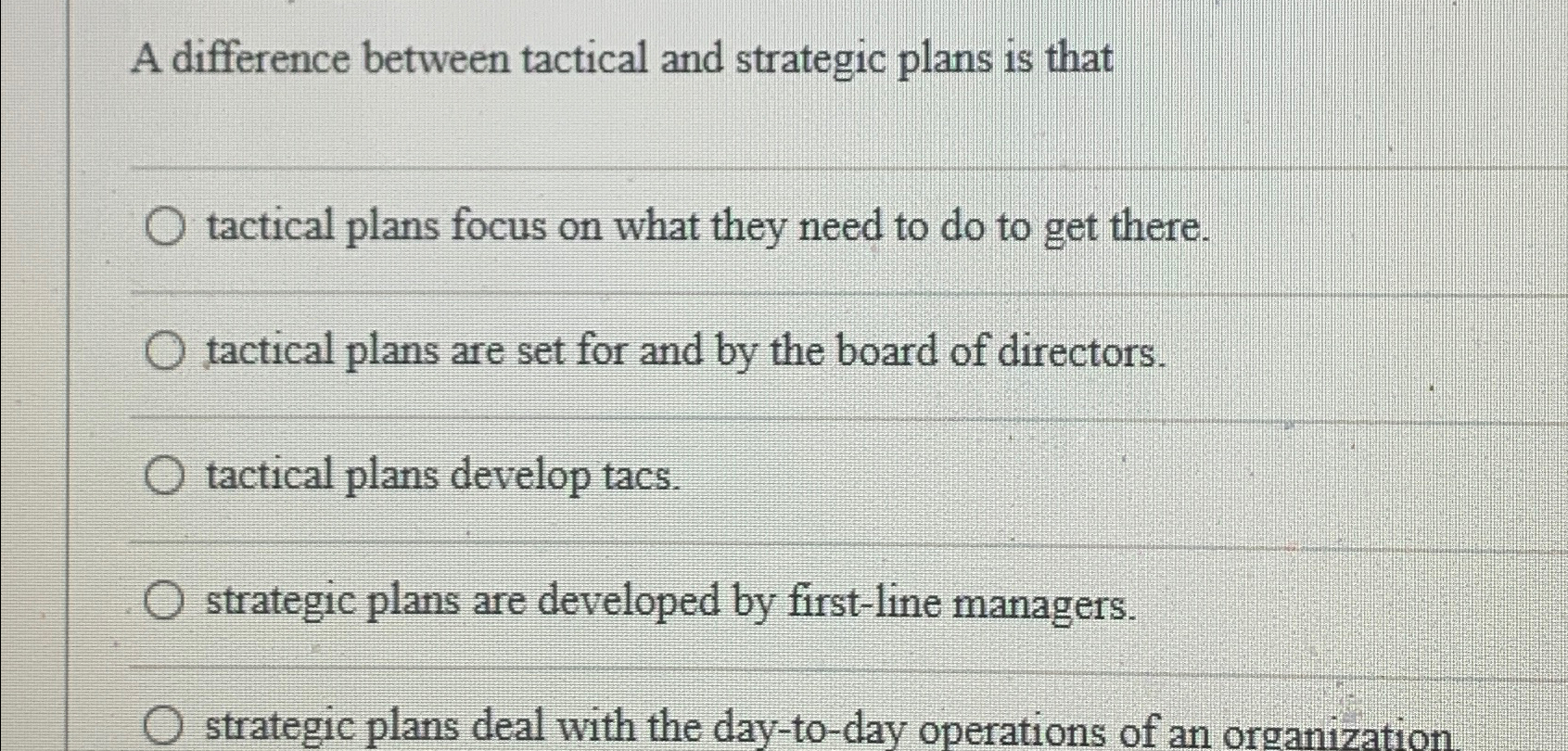Solved A difference between tactical and strategic plans is | Chegg.com