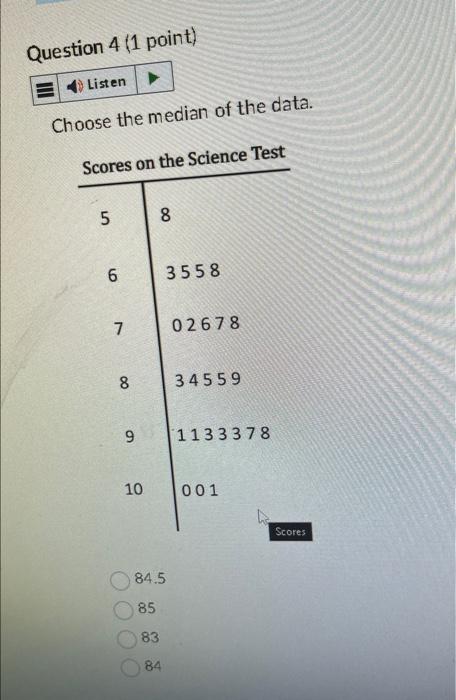Solved Question 4 (1 point) Listen Choose the median of the | Chegg.com