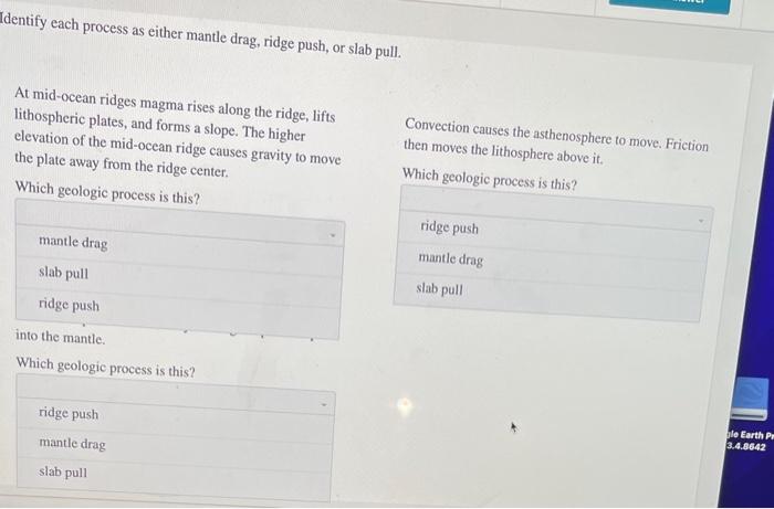 Solved Identify each process as either mantle drag, ridge | Chegg.com