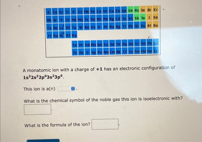 Solved A Monatomic Ion With A Charge Of 1 Has An Electronic
