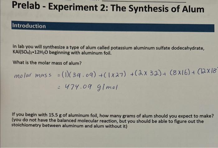 Solved Prelab - Experiment 2: The Synthesis of Alum | Chegg.com