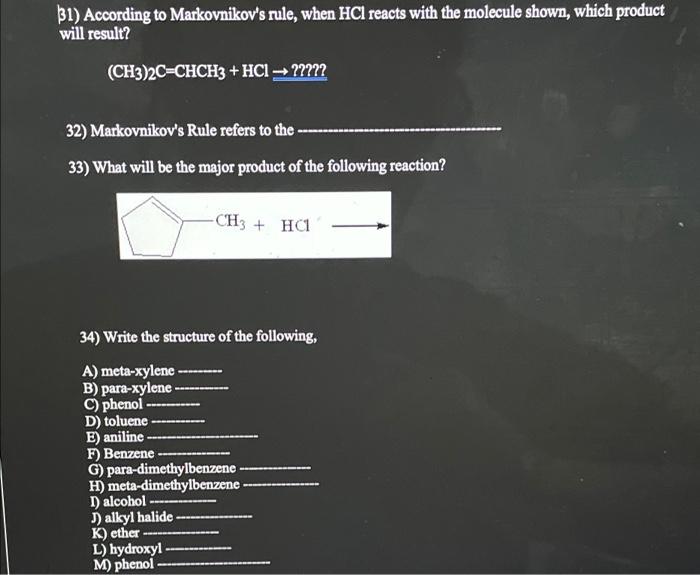 Solved B1) According to Markovnikov's rule, when HCl reacts | Chegg.com
