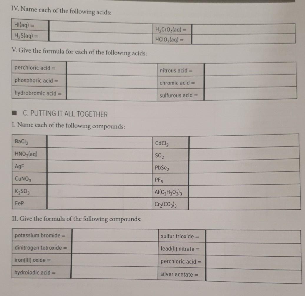 Solved IV. Name each of the following acids: Hl(aq) = | Chegg.com