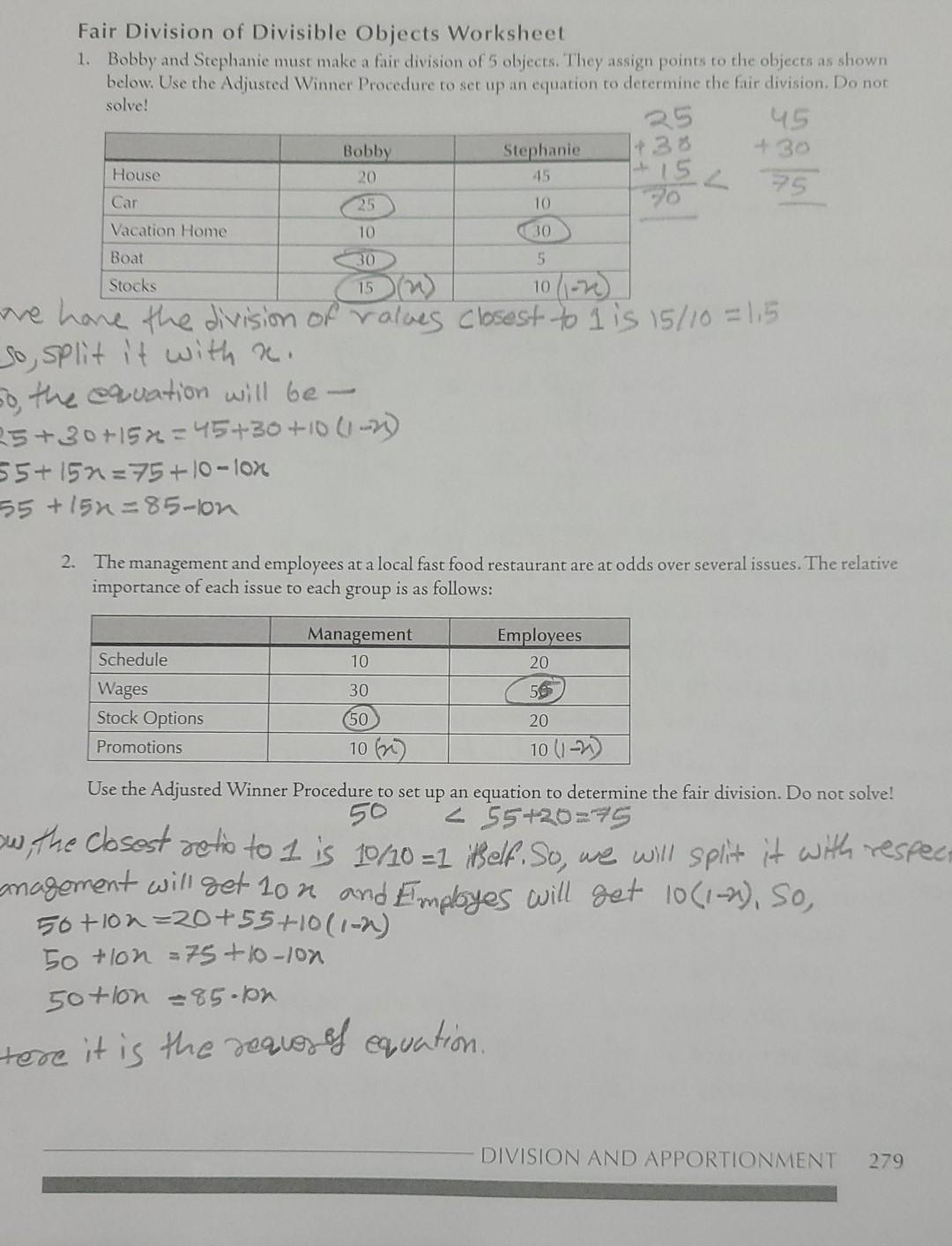 Solved Fair Division of Divisible Objects Worksheet 1. Bobby | Chegg.com