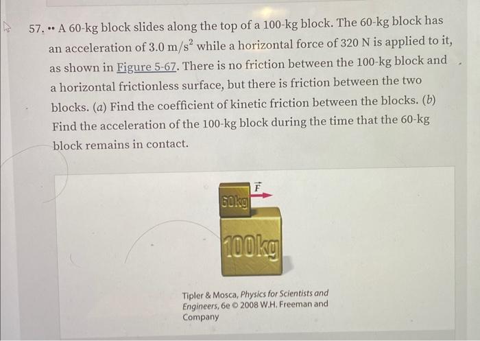 Solved 57. ⋯ A 60−kg block slides along the top of a 100−kg | Chegg.com