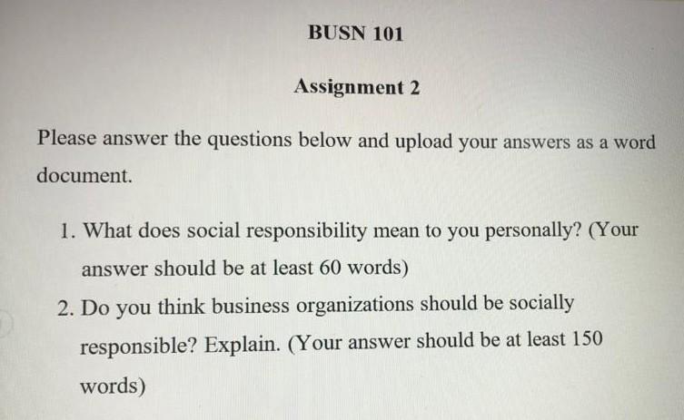 Solved BUSN 101 Assignment 2 Please answer the questions | Chegg.com