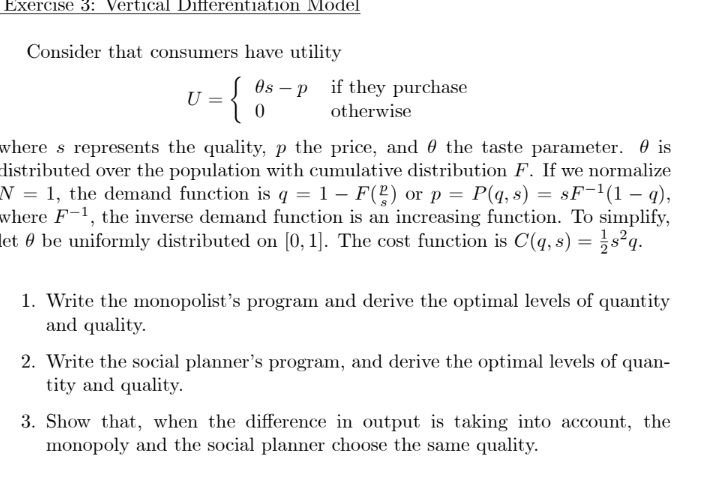 Solved Exercise 3: Vertical Differentiation ModelConsider | Chegg.com