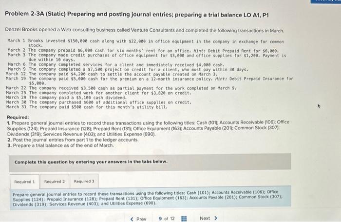 Solved Problem 2-3A (Static) Preparing and posting journal | Chegg.com