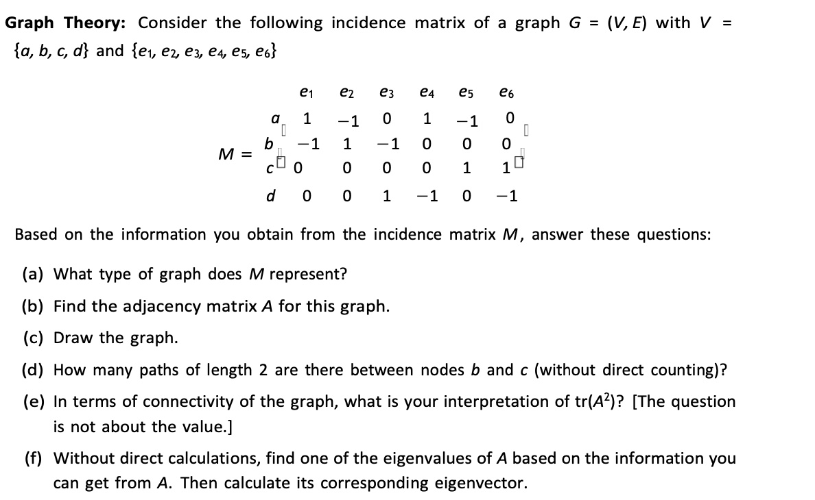 Solved Graph Theory: Consider the following incidence matrix | Chegg.com