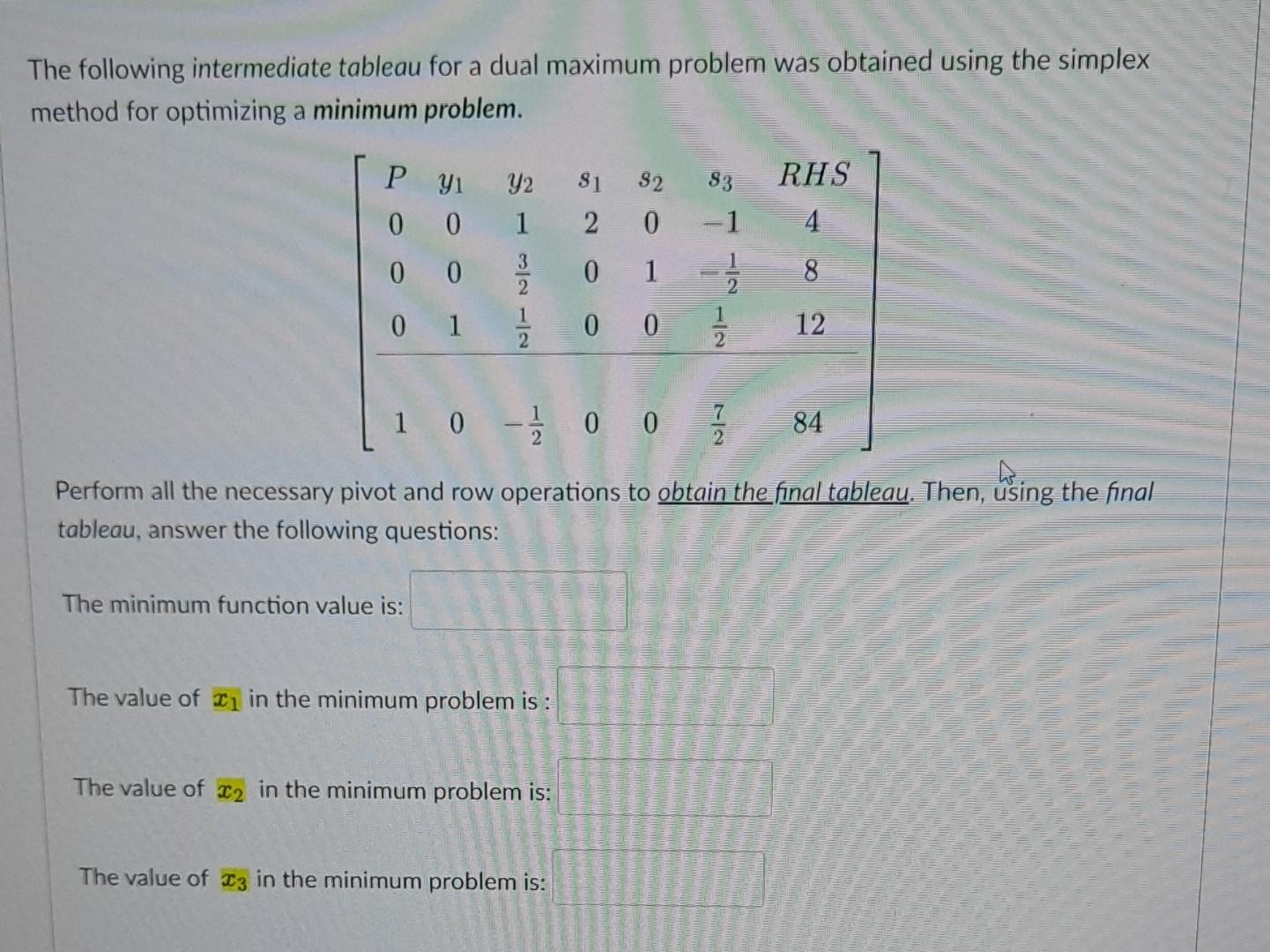 Solved The following intermediate tableau for a dual maximum | Chegg.com