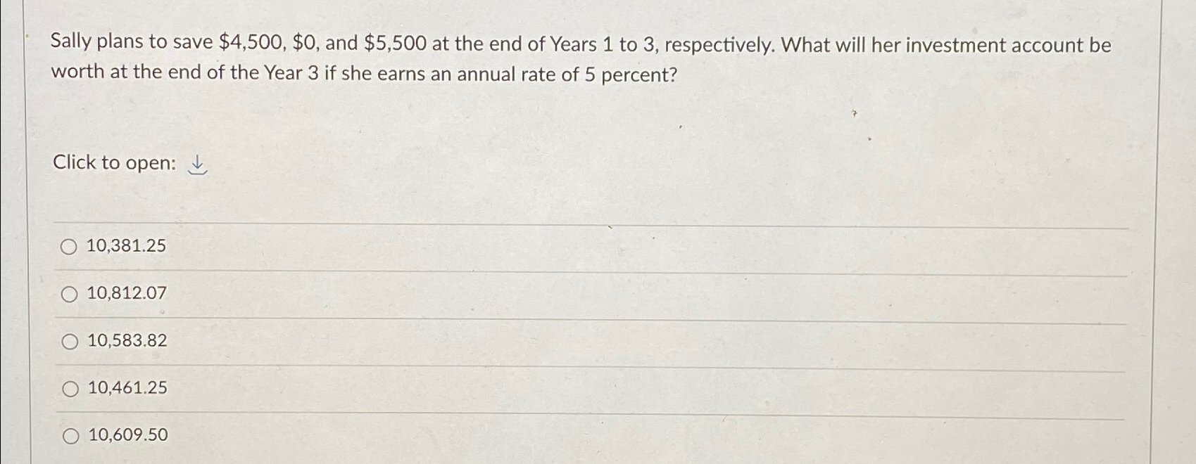 Solved Sally plans to save $4,500,$0, ﻿and $5,500 ﻿at the | Chegg.com