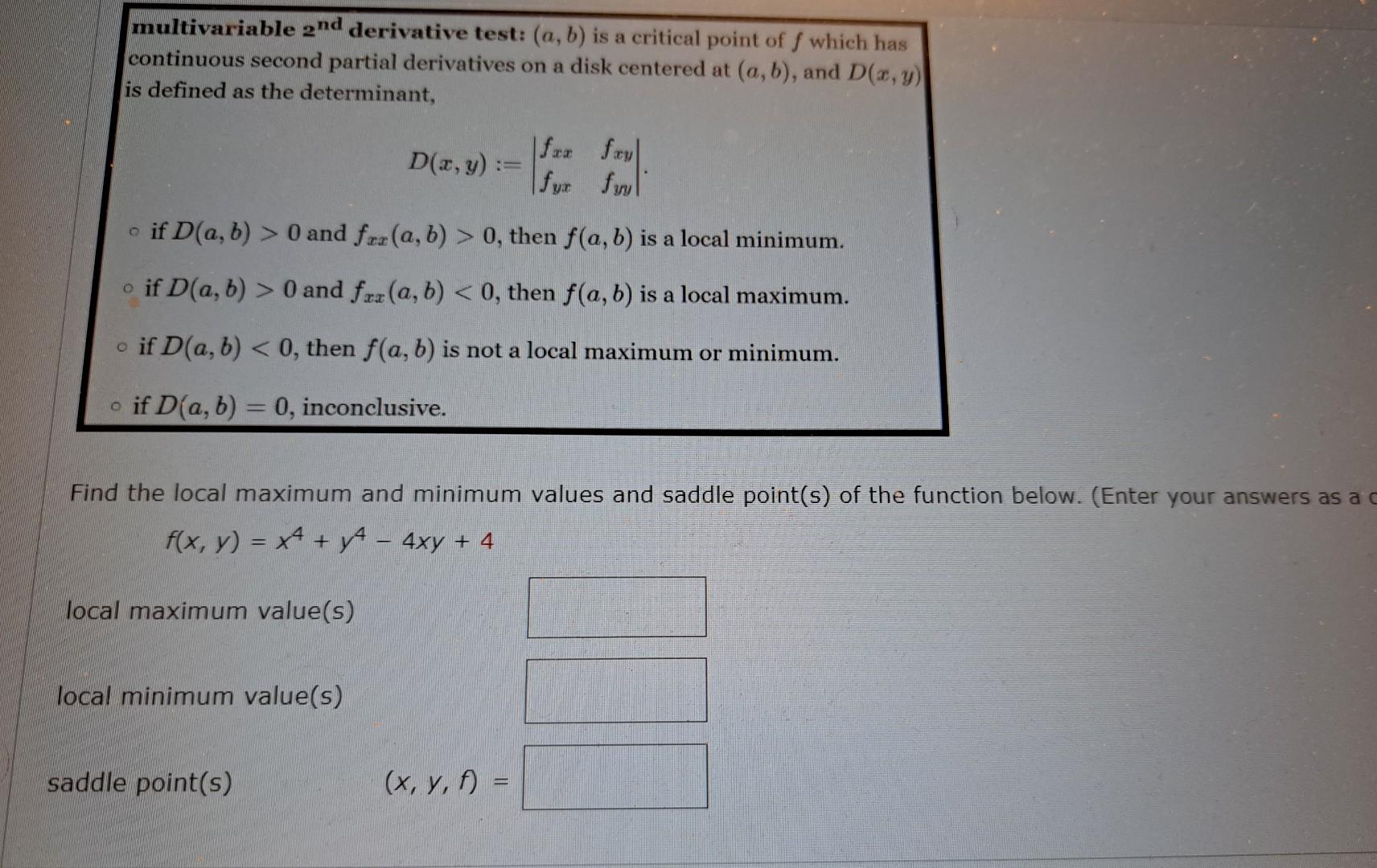 Solved multivariable 2nd derivative test: (a,b) is a | Chegg.com