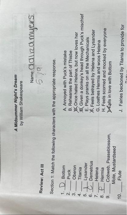 Section 1: Match the following characters with the | Chegg.com