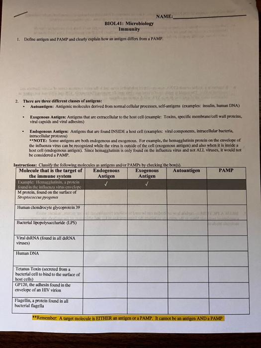Solved 1. Define antigen and PAMP and clearly explain forw | Chegg.com