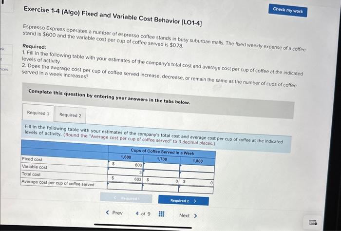 Solved Exercise 1 4 Algo Fixed And Variable Cost Behavior 6075