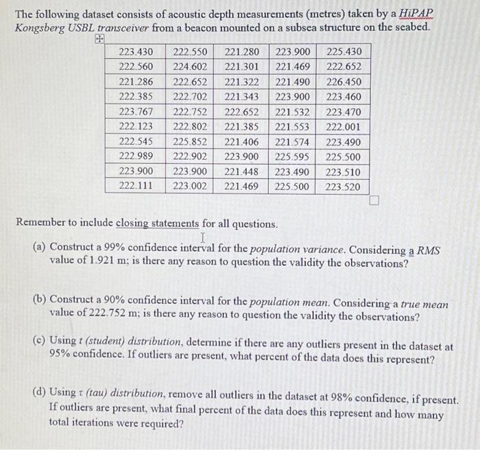 Solved The following dataset consists of acoustic depth | Chegg.com