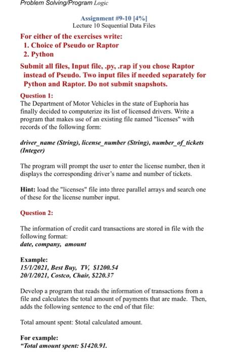 Solved Problem Solving Program Logic Assignment #9-10 14% | Chegg.com